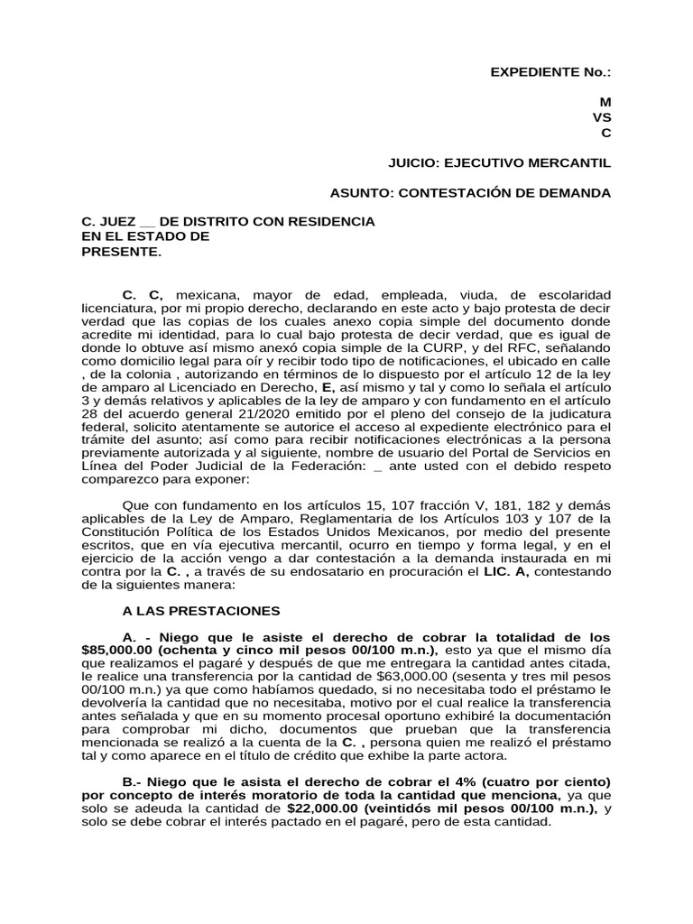 Contestación Ejecutivo Mercantil Pdf Demanda Judicial Justicia