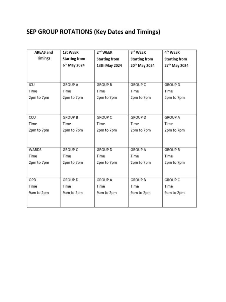 SEP Group Rotations Schedule 2024 | PDF