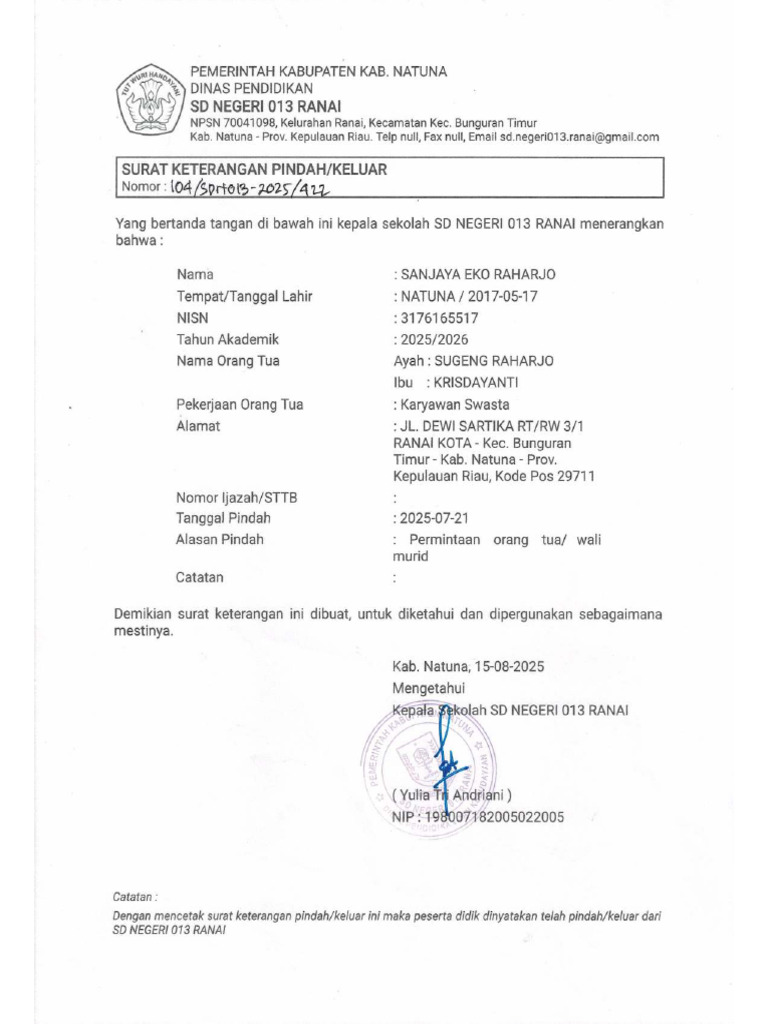 Surat Mutasi An. Sanjaya Eko Raharjo | PDF