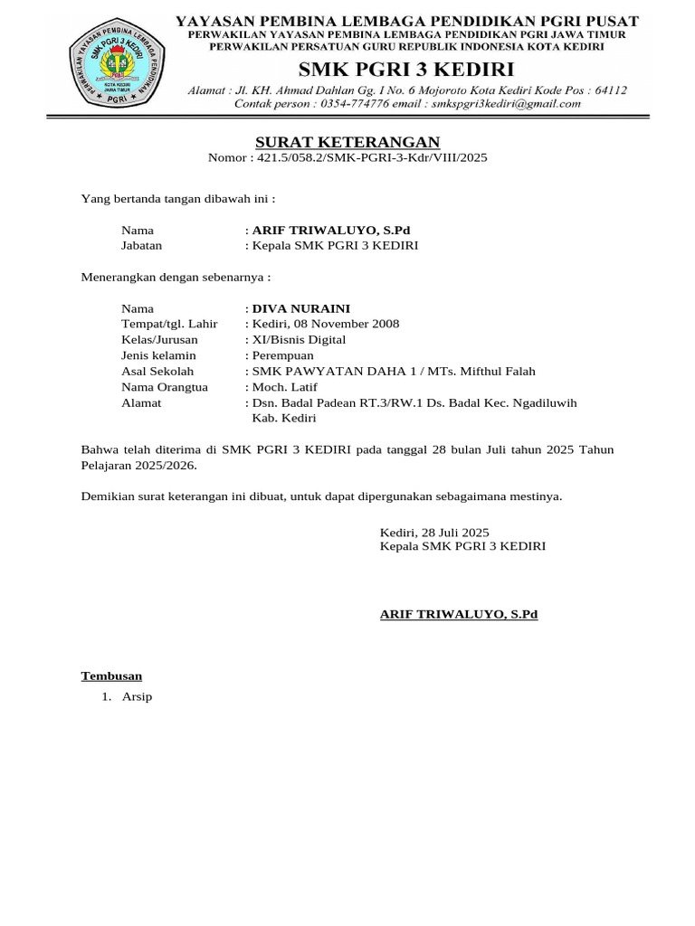 Surat Keterangan Diterima SMK PGRI 3 Kediri | PDF