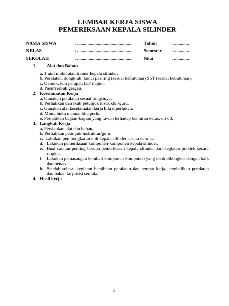 5 Jobsheet Kepala Silinder Pemeriksaan | PDF