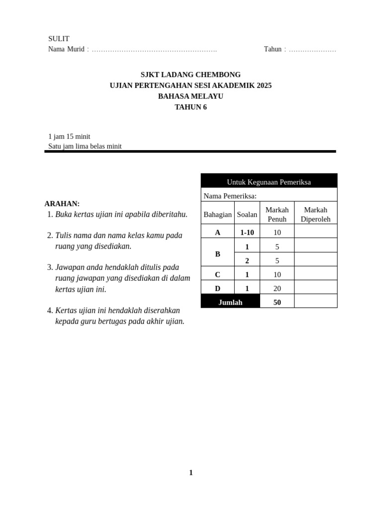 SJKT Ladang Chembong Ujian Pertengahan Sesi Akademik 2025 Bahasa Melayu ...