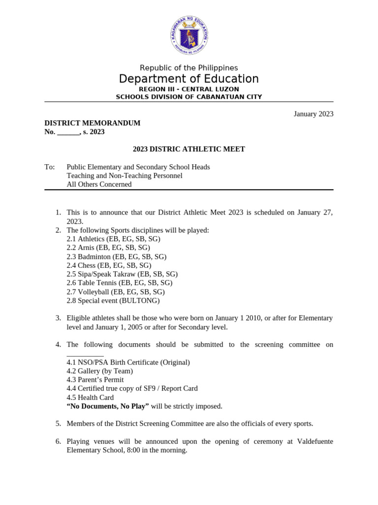 2023 District Athletic Meet Announcement | PDF | Sports