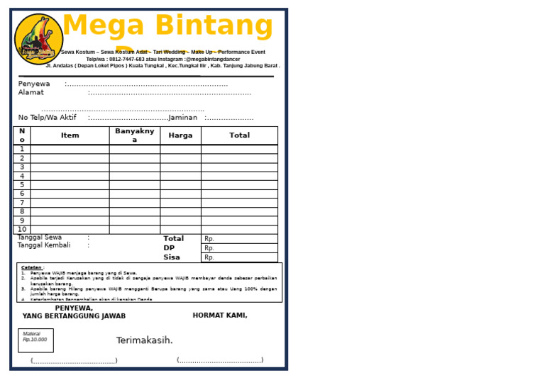 Nota Sewa Kostum dan Baju | PDF