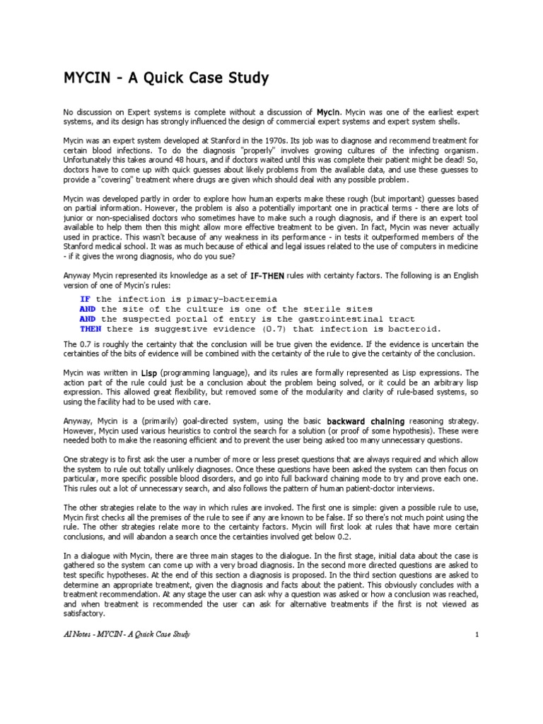 Mycin: Pioneering Expert System in Medicine | PDF | Medical Diagnosis ...