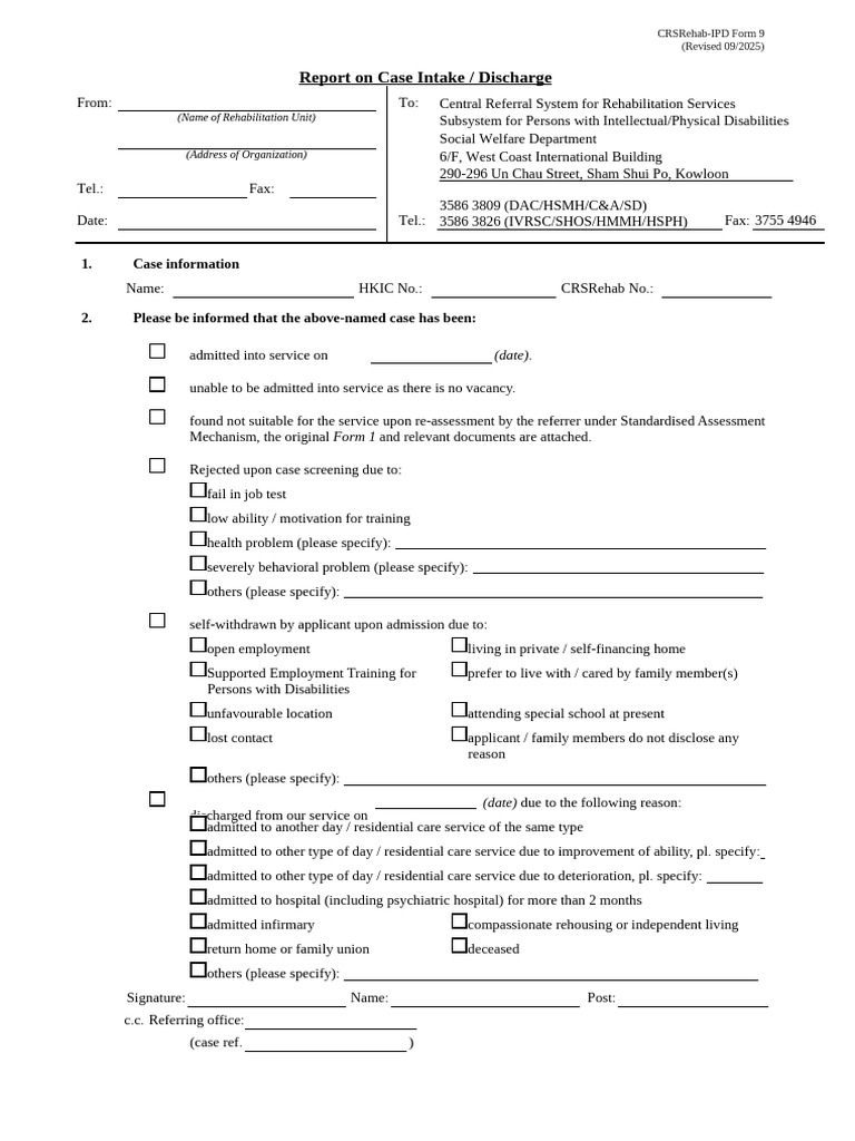 CRSRehab-IPD Case Intake/Discharge Report | PDF | Behavioural Sciences ...