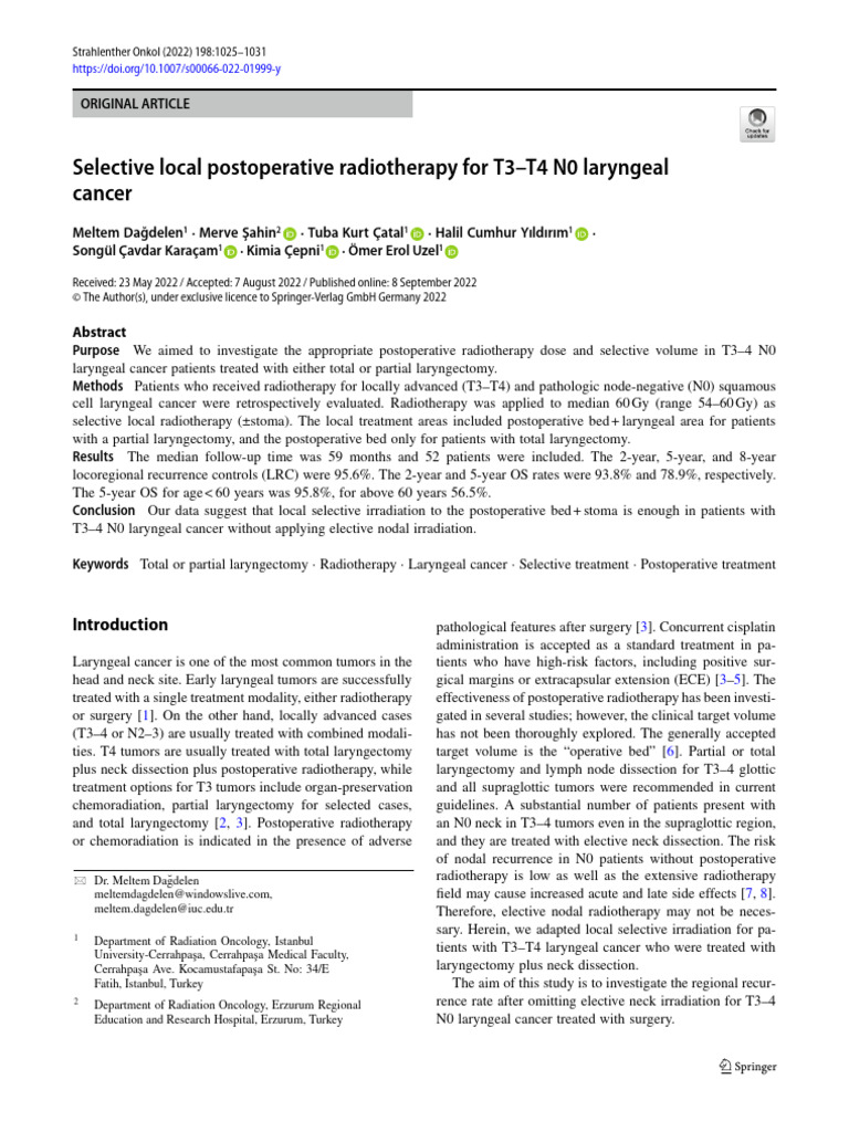 Selective Local Postoperative Radiotherapy For T3-T4 N0 Laryngeal ...