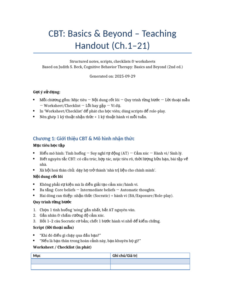 CBT Basics and Beyond Teaching Handout 21chapters | PDF