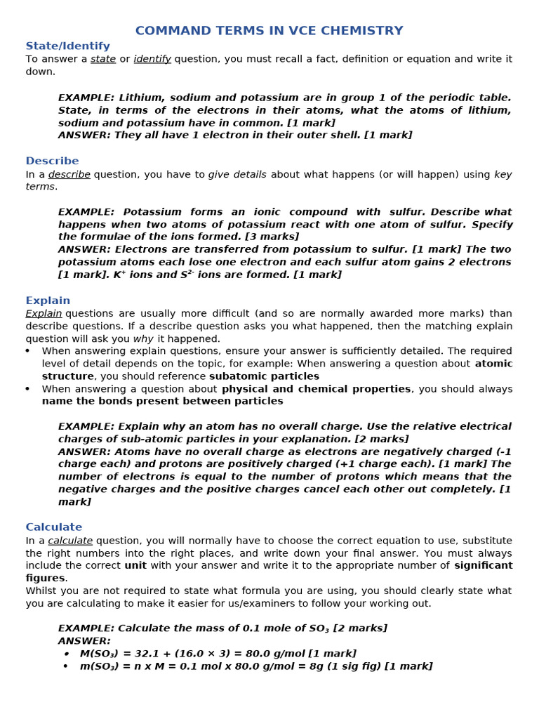 VCE Chemistry Command Terms Explained | PDF | Atoms | Diesel Fuel