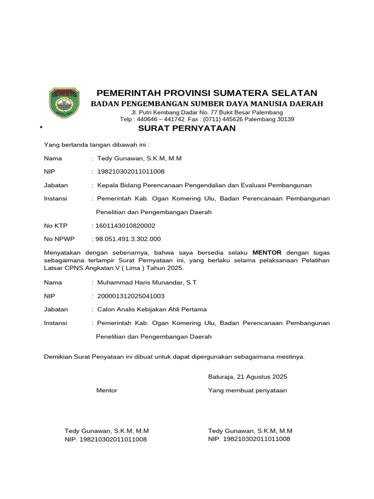 Surat Pernyataan Mentor Latsar CPNS 2025 | PDF