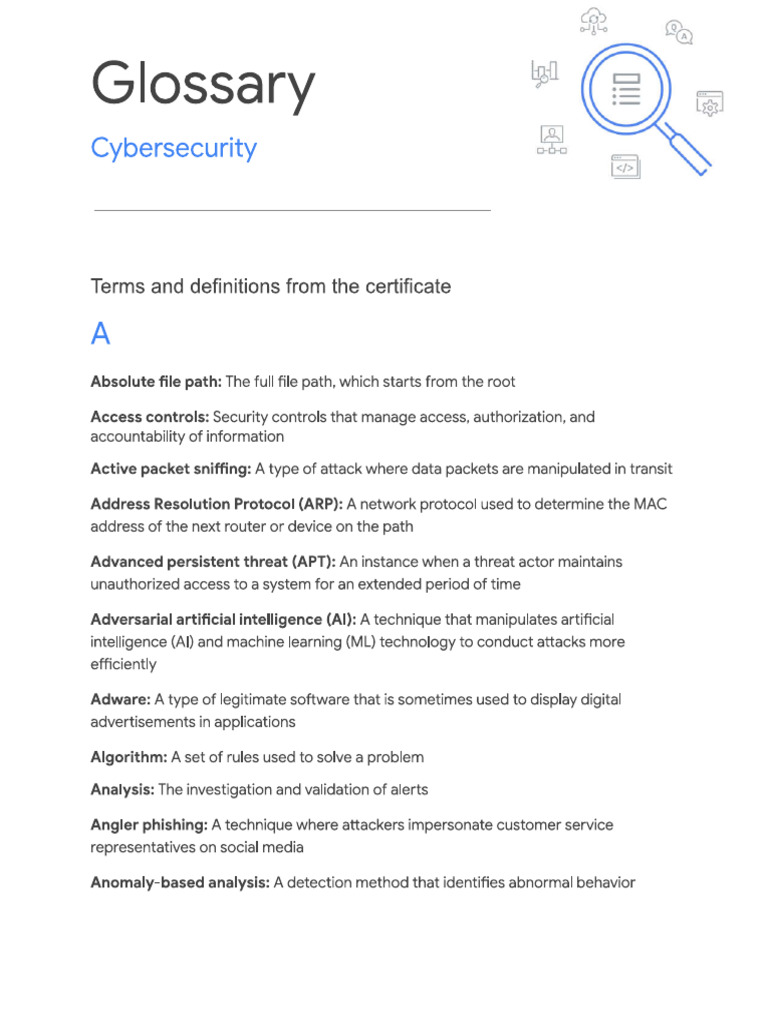 Google Cybersecurity Certificate Glossary | PDF