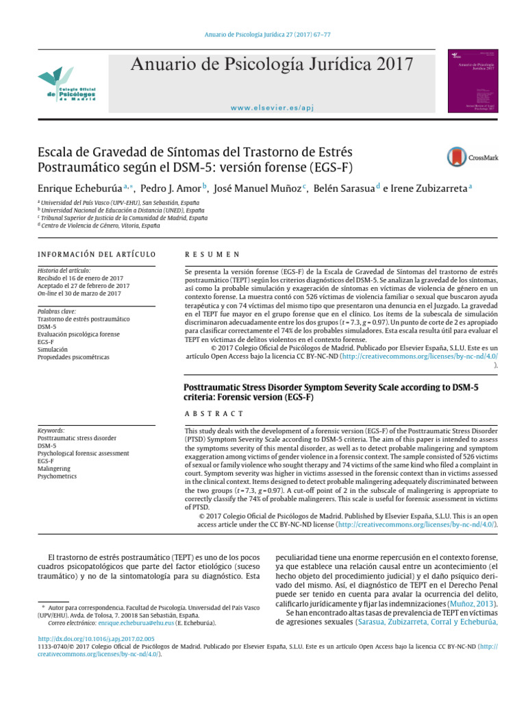 Escala de Gravedad de Síntomas Del TEPT Según El DSM 5 Versión Foresne - Echeburrúa, Amor, Muñoz ...