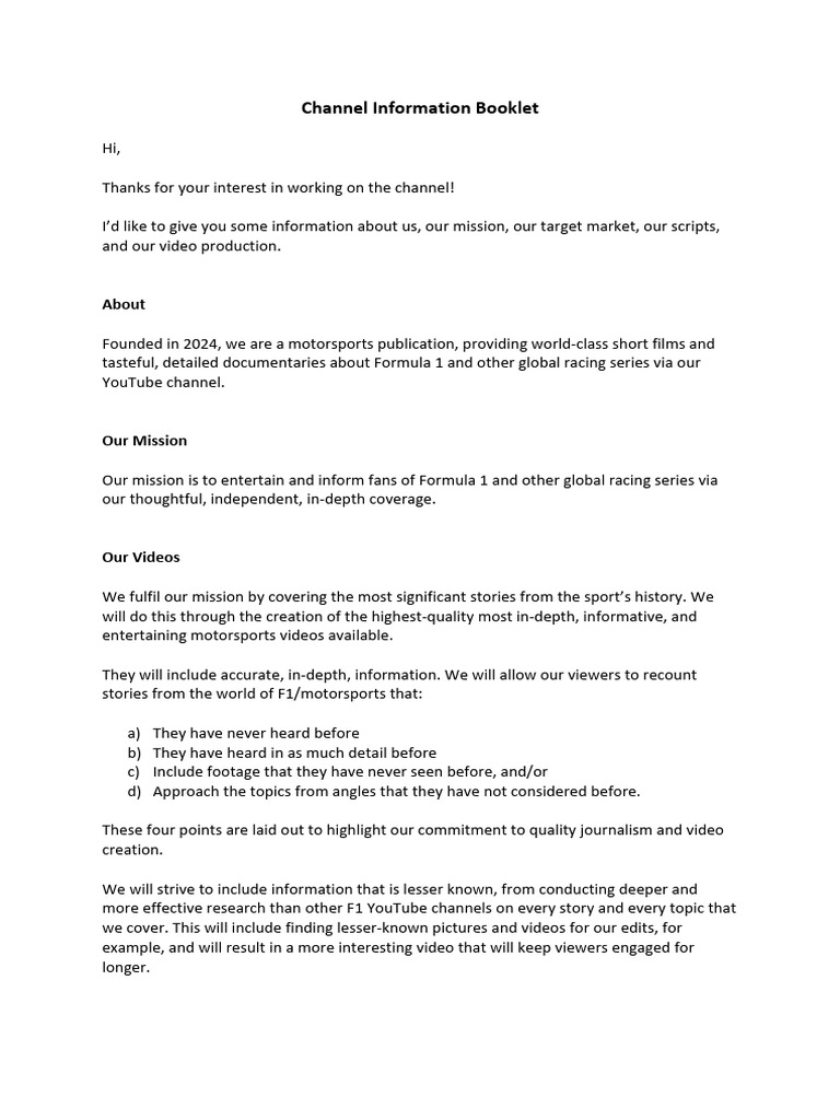 Channel Information Booklet | PDF | Formula One | You Tube