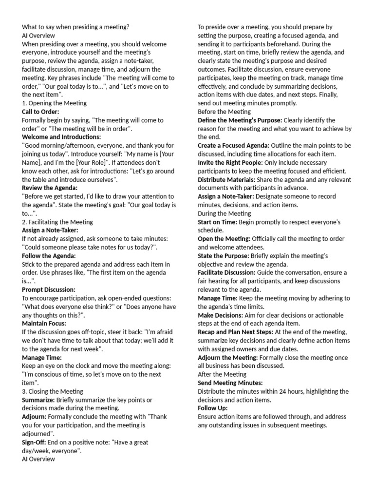 Presiding Over a Meeting: Key Steps | PDF | Agenda (Meeting)