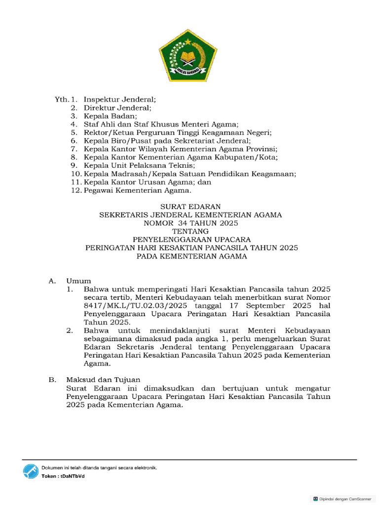 Surat Edaran Hari Peringatan Kesaktian Pancasila 2025 - Tte | PDF