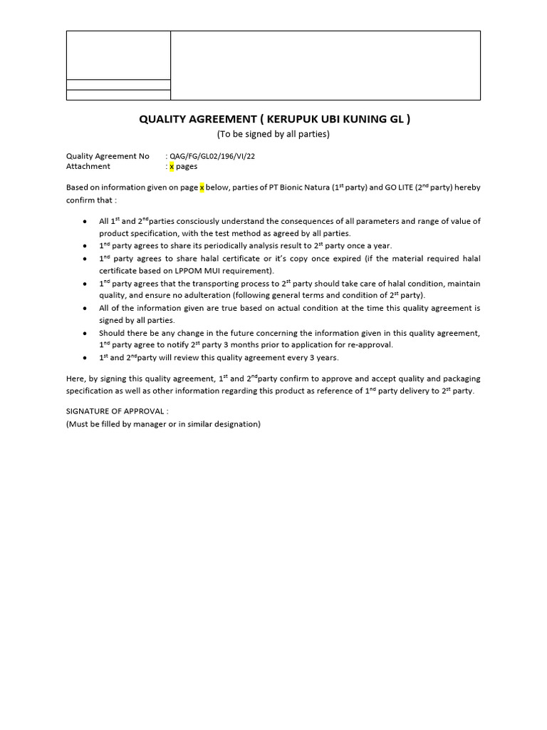 Quality Agreement for Kerupuk Ubi Kuning | PDF