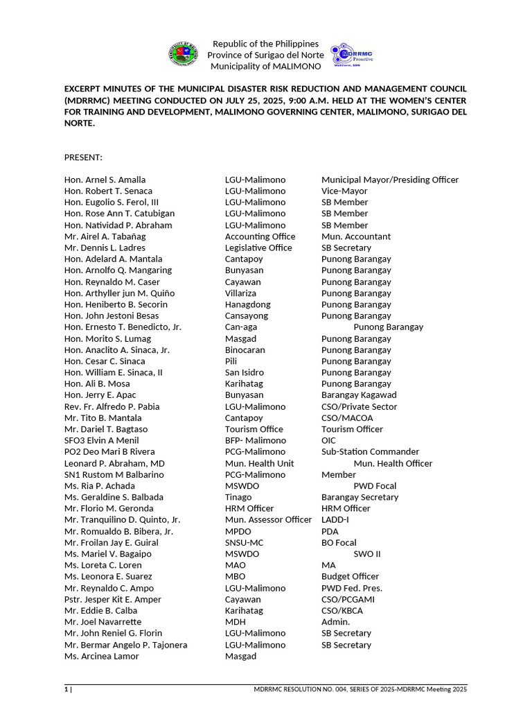 Malimono MDRRMC Meeting Minutes 2025 | PDF | Disaster Risk Reduction | Risk