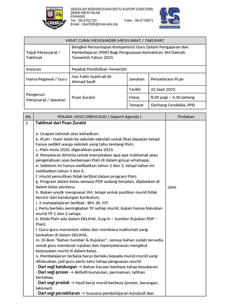 MINIT CURAI BENGKEL PLan 2025 | PDF