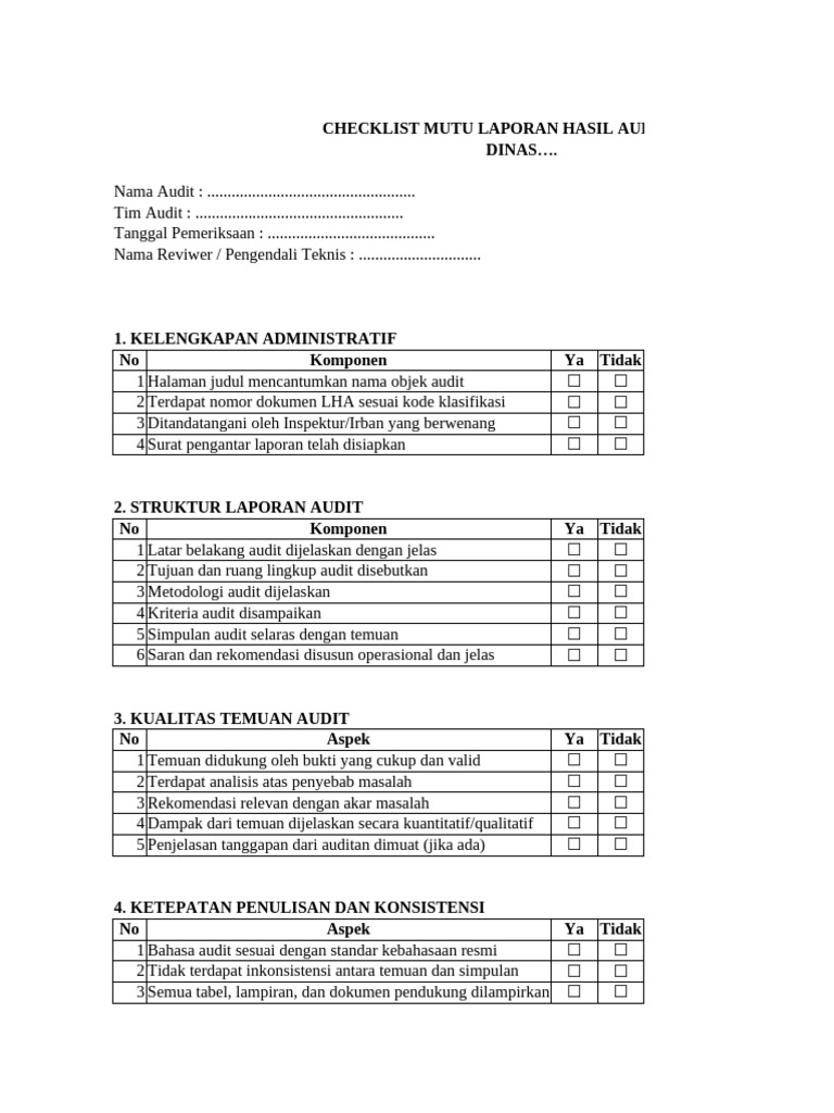 Template Checklist Mutu Laporan Hasil Audit | PDF