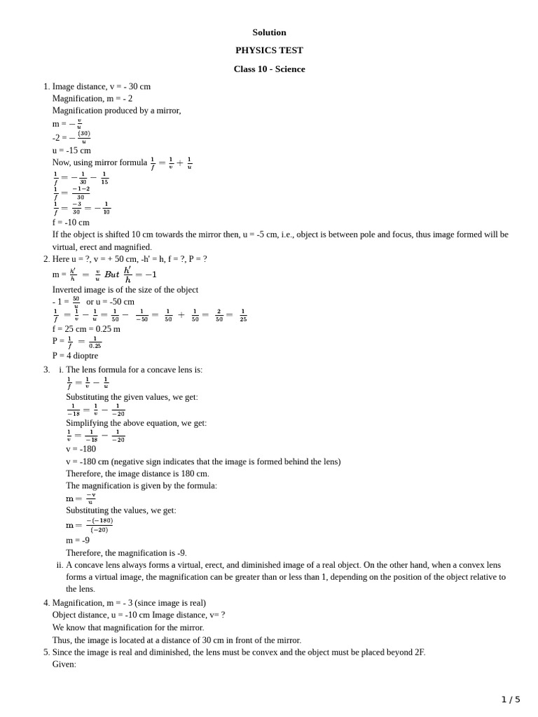Class 10 Physics Test Solutions | PDF | Light | Optics