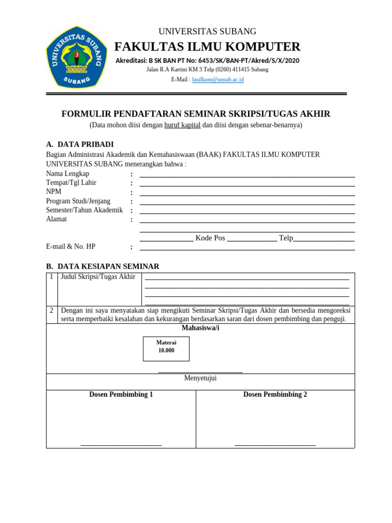 Formulir Pendaftaran Seminar Skripsi-Tugas Akhir | PDF