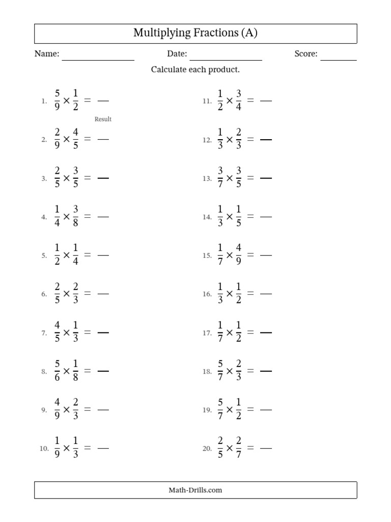 Fractions Worksheet - Multiplying Two Proper Fractions With No ...