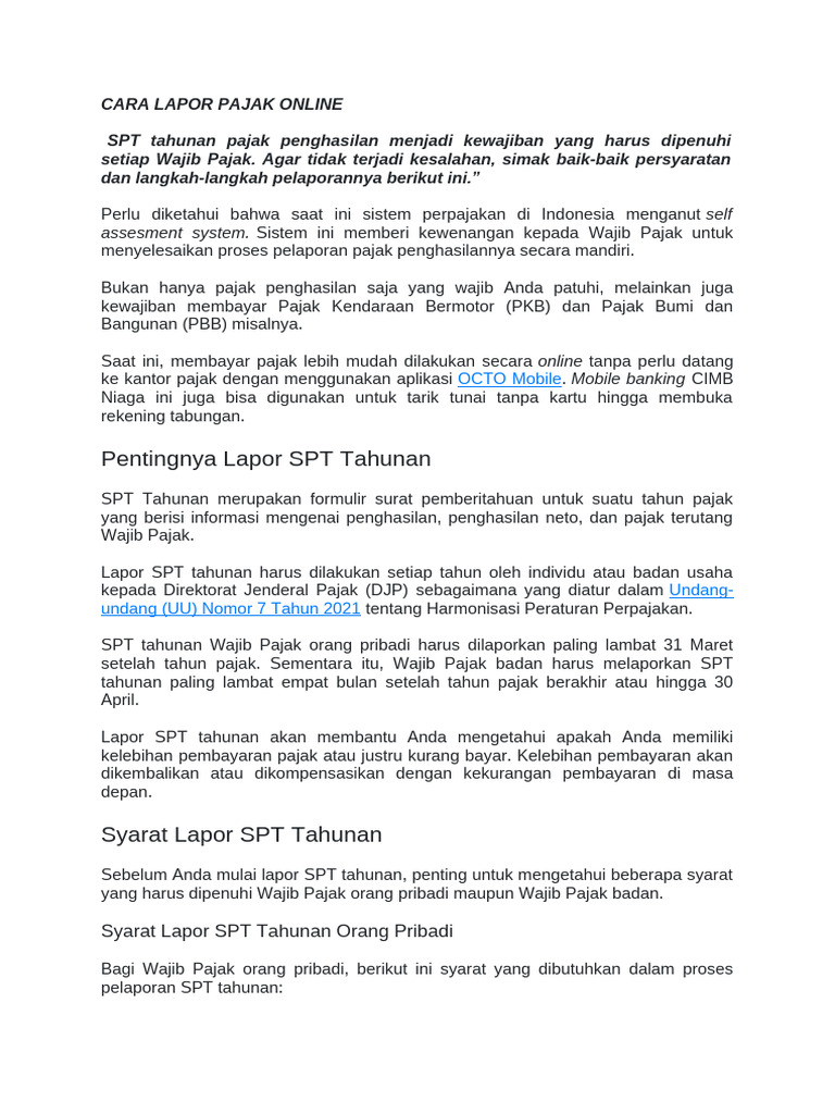 Panduan Lapor SPT Tahunan Online | PDF