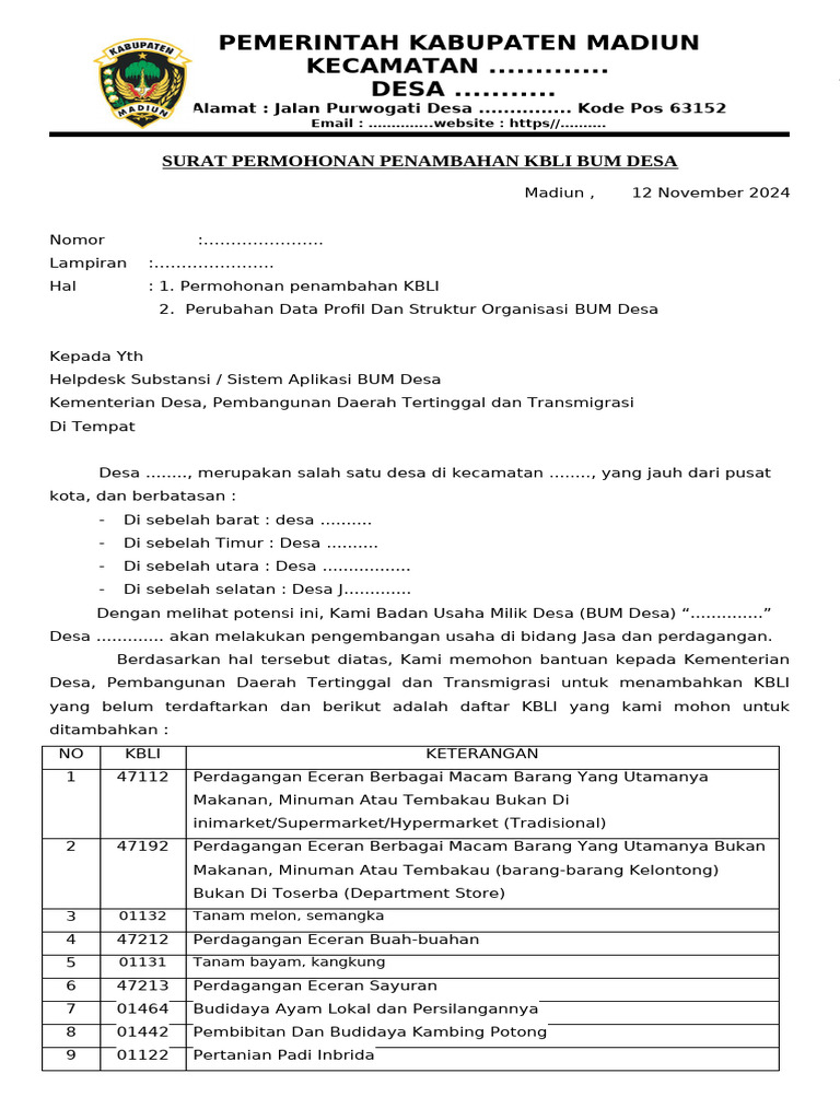 Format Surat Permohonan Perubahan KBLI, Data Profil Dan Struktur Organisasi BUM Desa Wijaya ...