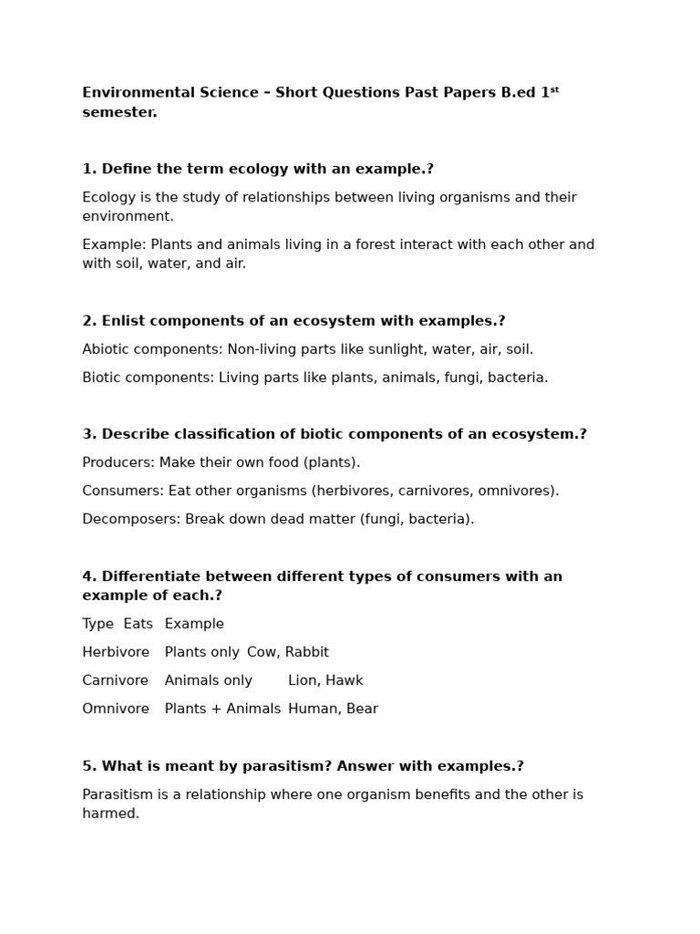 Environmental Science Short Questions Guide | PDF | Ecosystem | Pollution