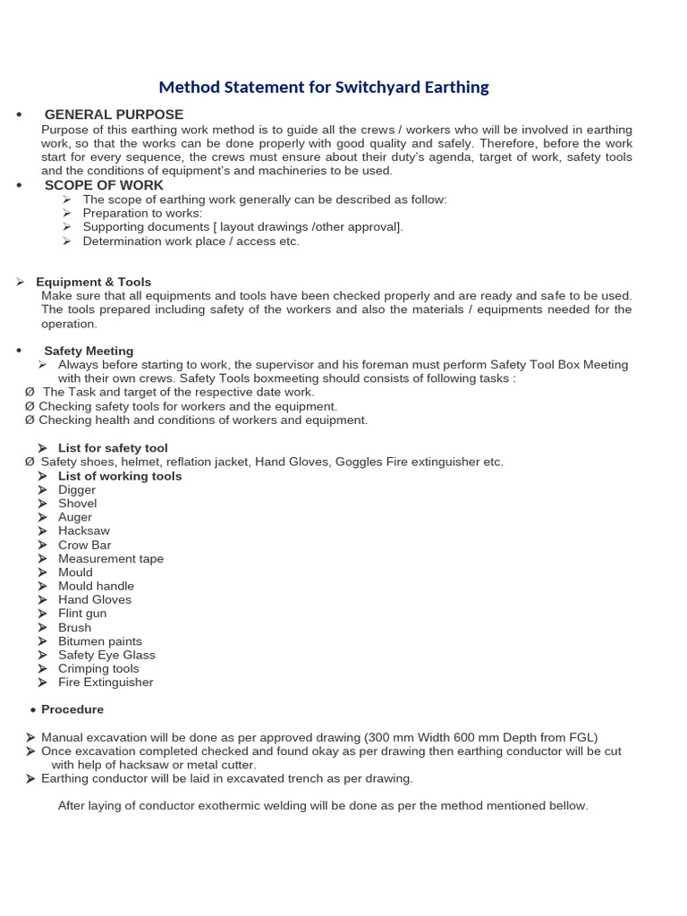 Earthing Method Statement | PDF | Mechanical Engineering | Industrial Processes