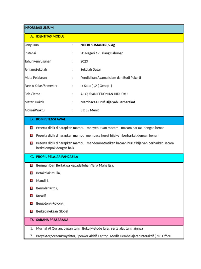 Modul Ajar Kelas 1 (Mengenal Huruf Hijaiyah) | PDF