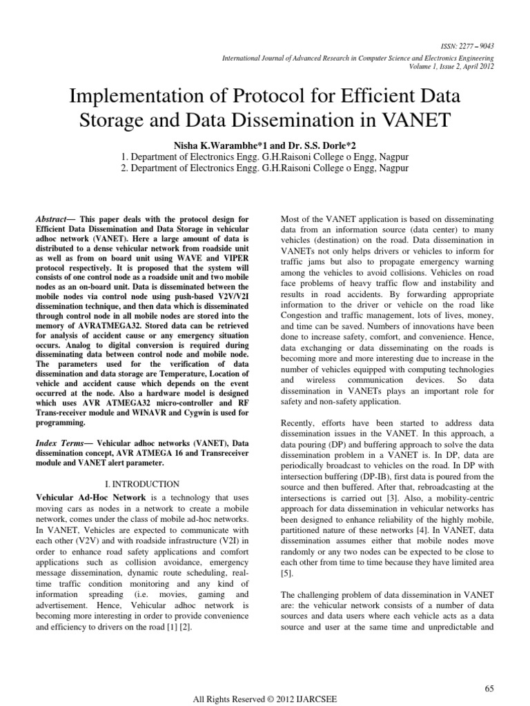 Implementation of Protocol For Efficient Data Storage and Data Dissemination in VANET | PDF ...