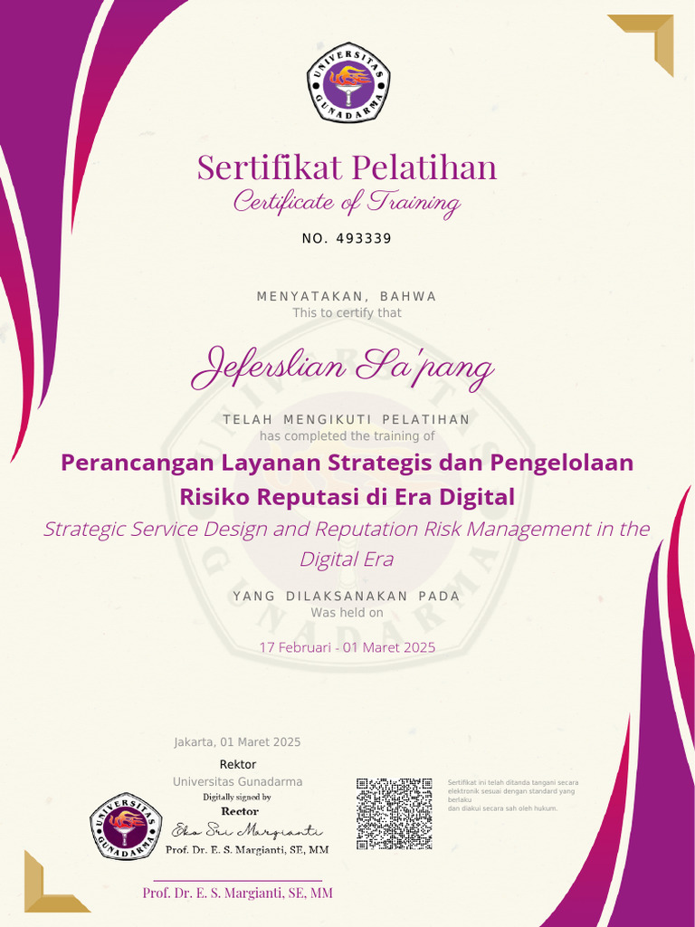 Sertifikat Pelatihan Manajemen Risiko Digital | PDF