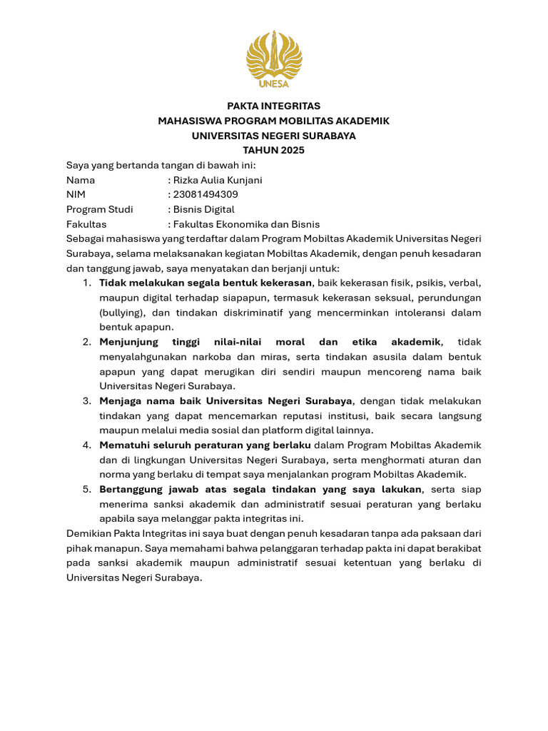 Pakta Integritas Mahasiswa UNESA 2025 | PDF
