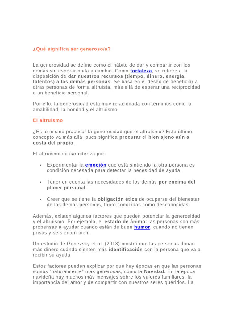 Significado y beneficios de la generosidad | PDF | Altruismo | Sicología