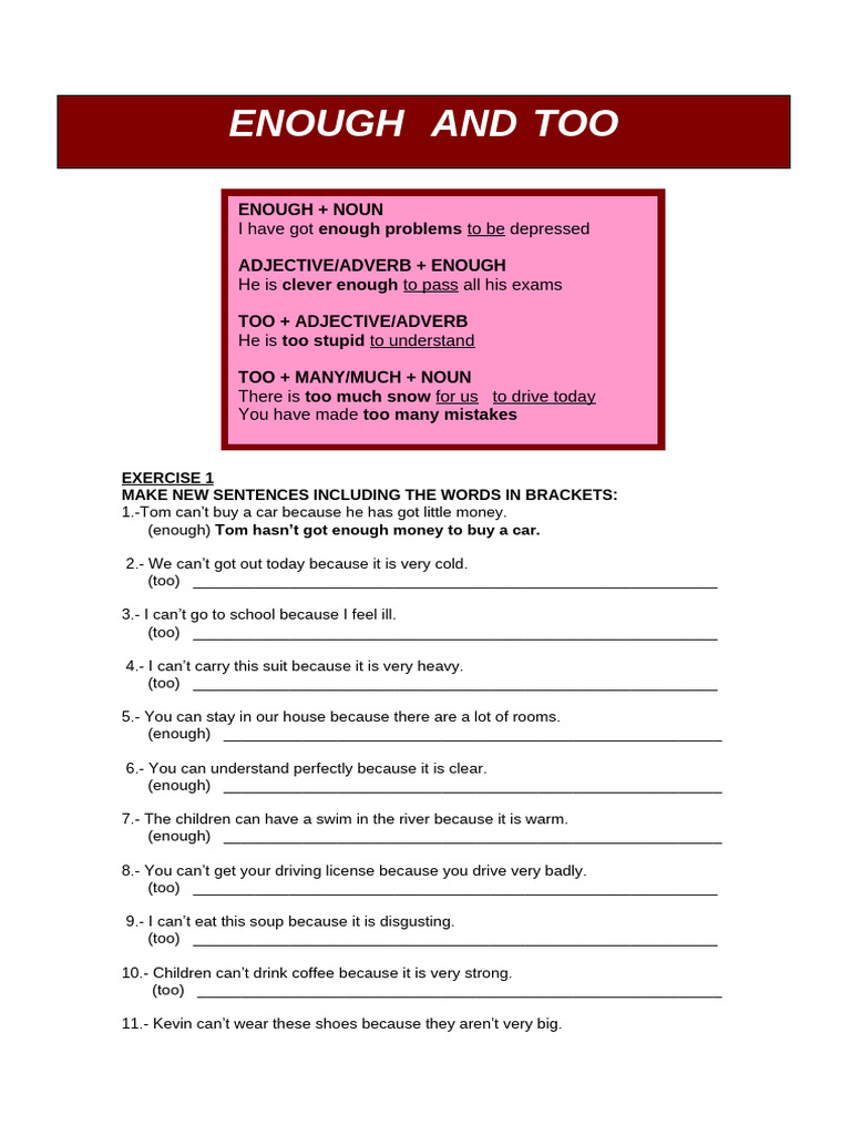 Enough and Too Grammar Sheet 3 | PDF | Adverb | Adjective
