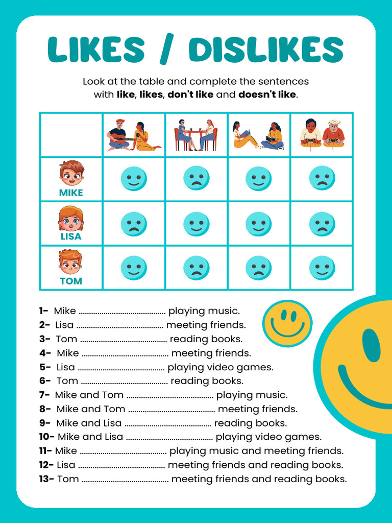 Likes and Dislikes Grammar Worksheet in Turquoise White Fun Style ...