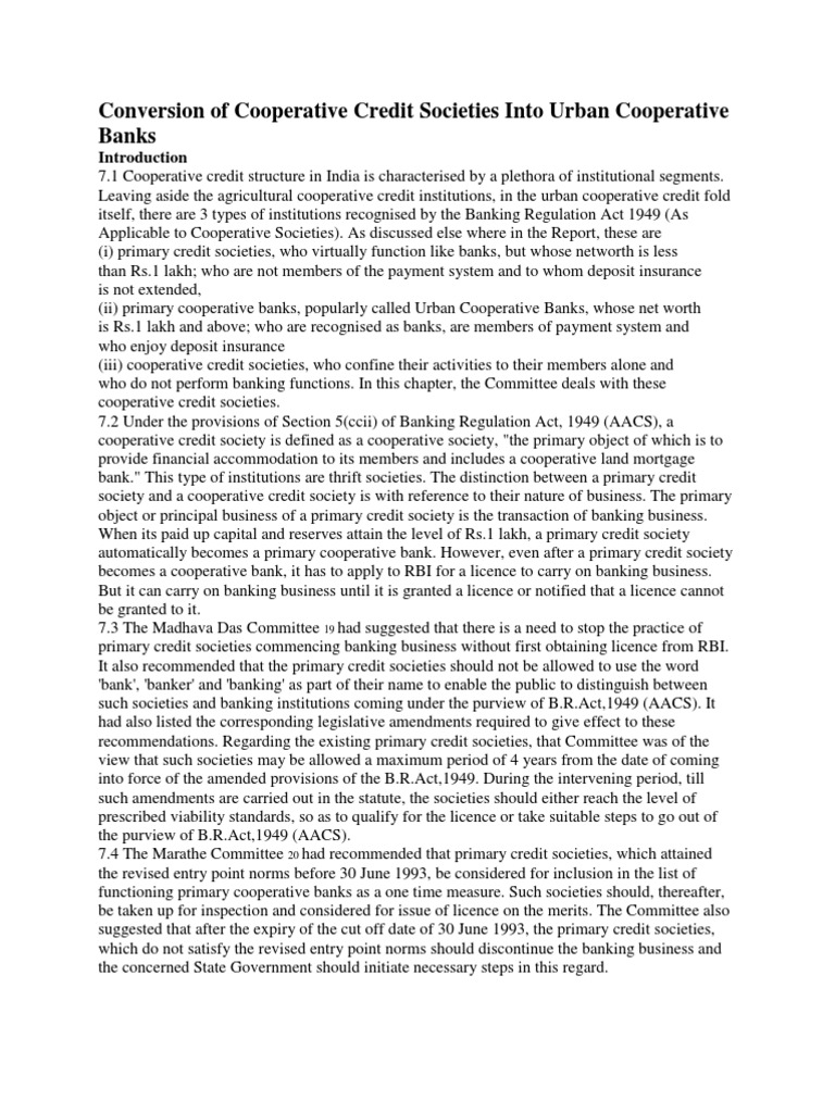 Conversion of Cooperative Credit Societies Into Urban Cooperative Banks ...