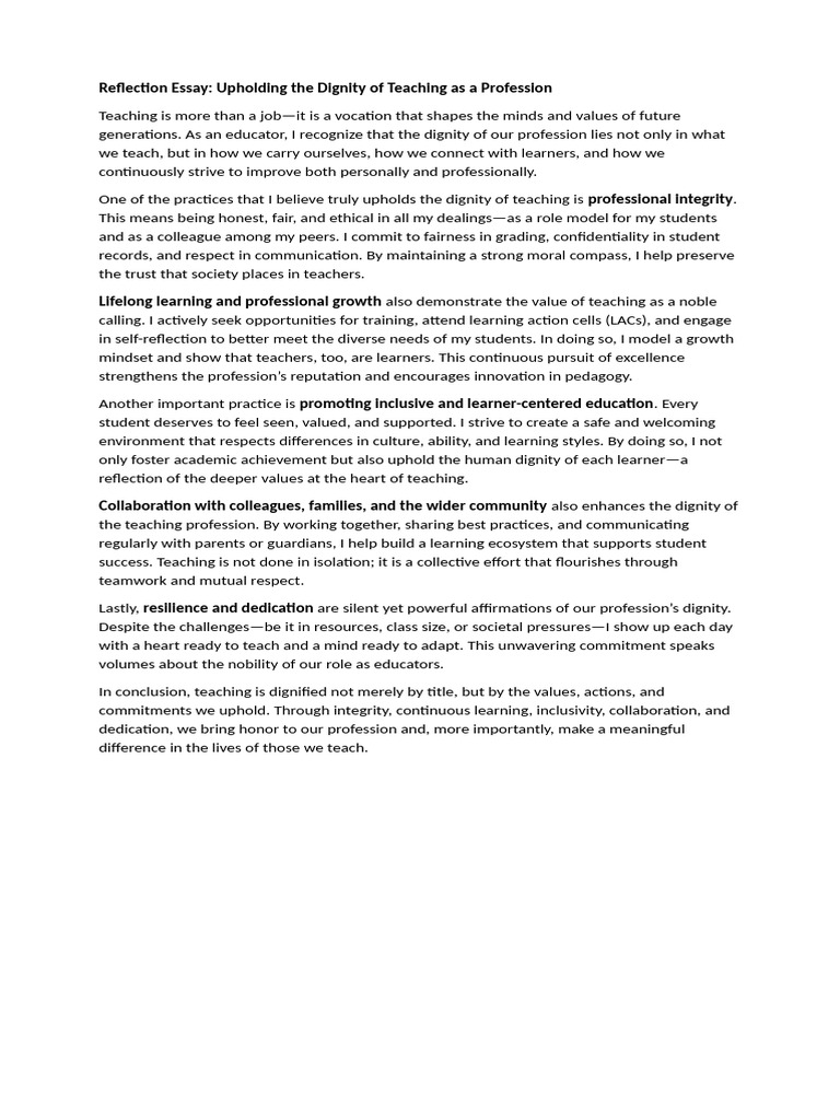 Reflection Essay - Dignity in Teaching Profession | PDF | Learning ...