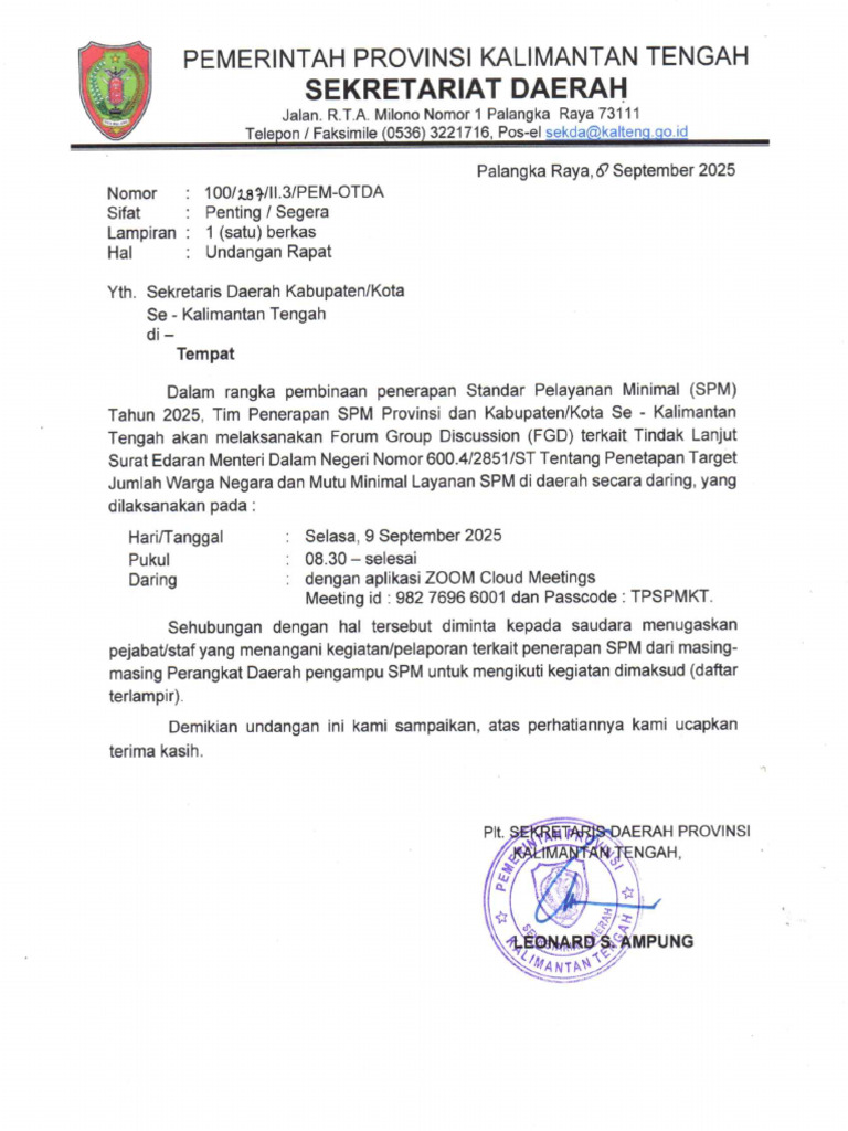 Undangan Rapat Kabupaten Kota | PDF