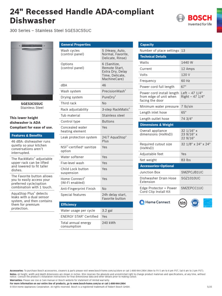 SGE53C55UC Spec Sheet | PDF | Dishwasher