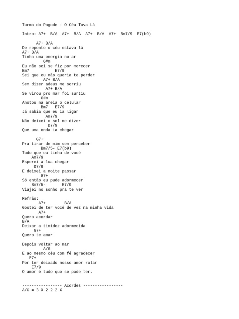 Letra e Acordes de "O Céu Tava Lá" | PDF