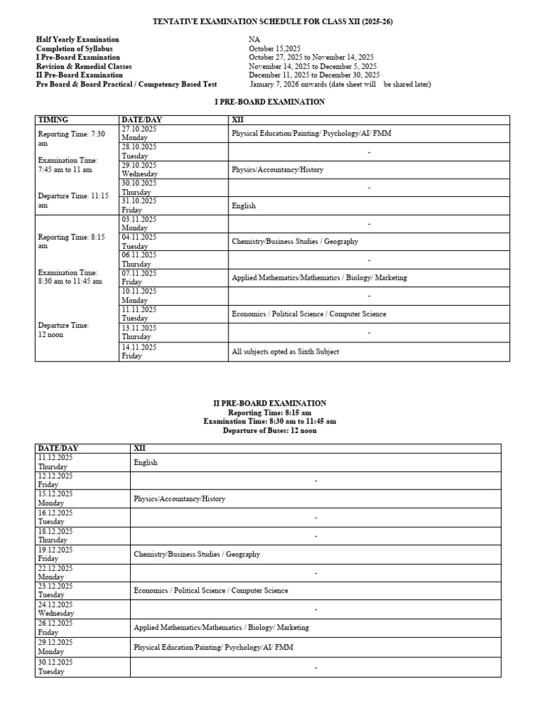 Class XII 2025-26 Exam Schedule | PDF | Science