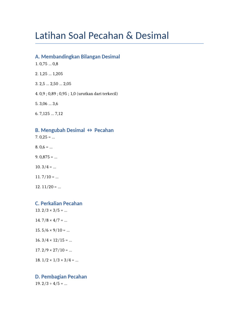 Latihan Soal Pecahan Desimal | PDF