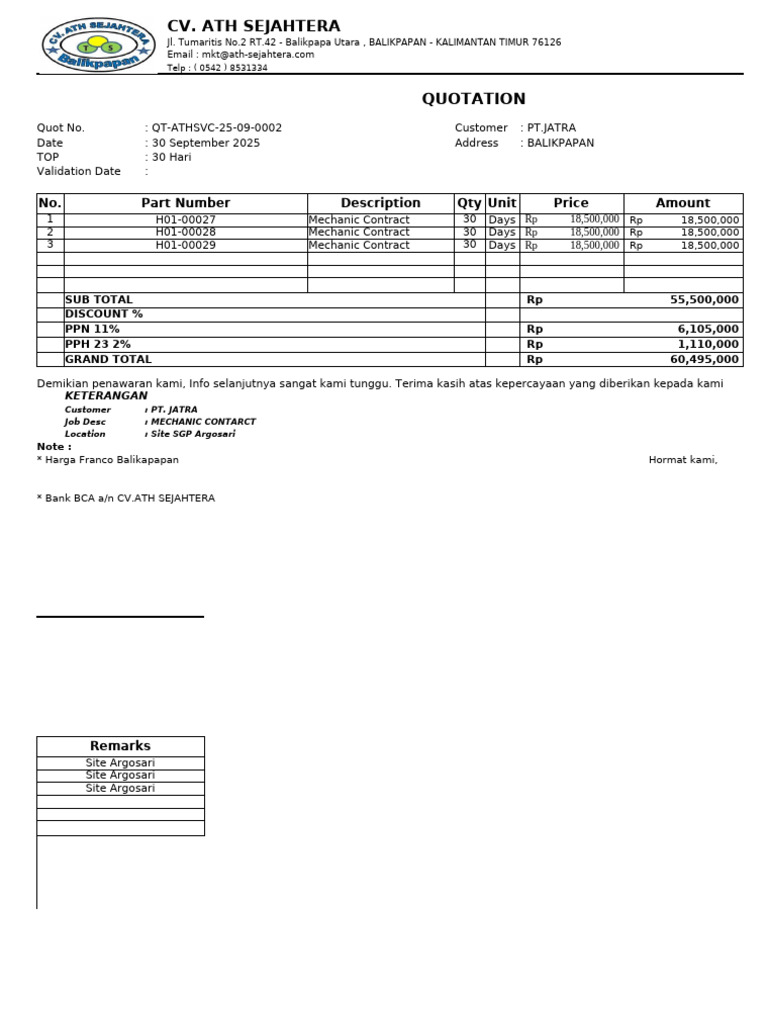 Quotation for Mechanic Contract Services | PDF