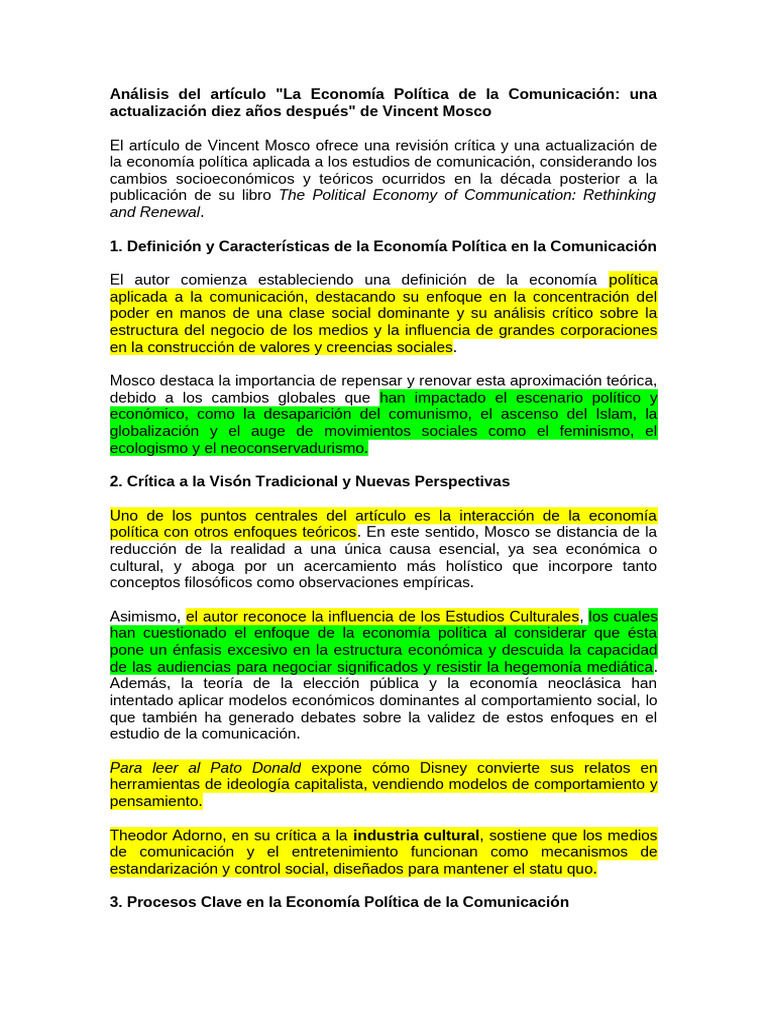 Análisis Del Artículo La Economía Política de La Comunicación Una ...