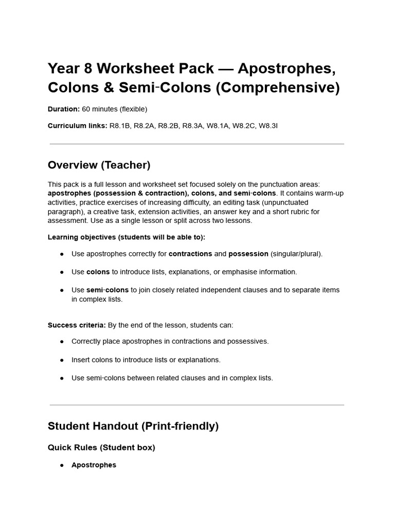 Year 8 Worksheet Pack - Apostrophes, Colons & Semi Colons ...