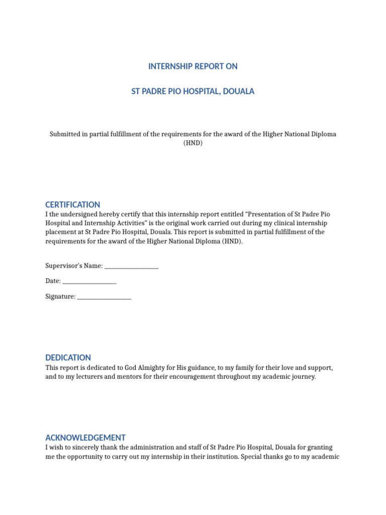 ST Padre Pio Hospital Internship Report Final | PDF | Medicine | Hospital