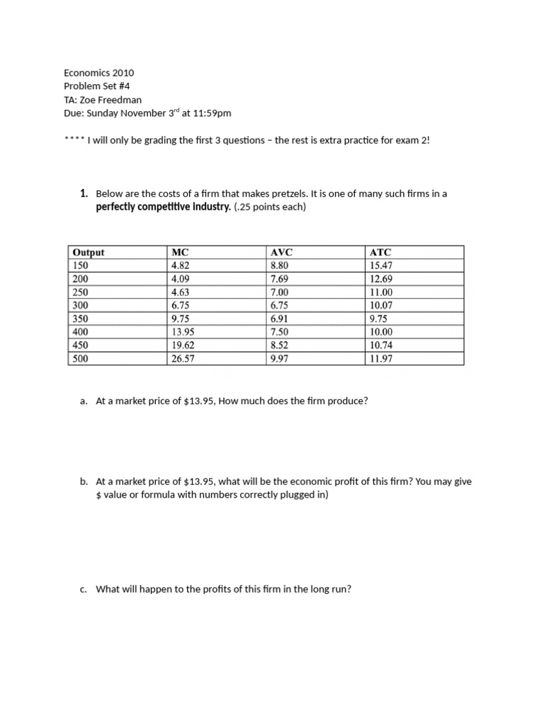 Economics 2010 Problem Set #4 | PDF | Profit (Economics) | Demand
