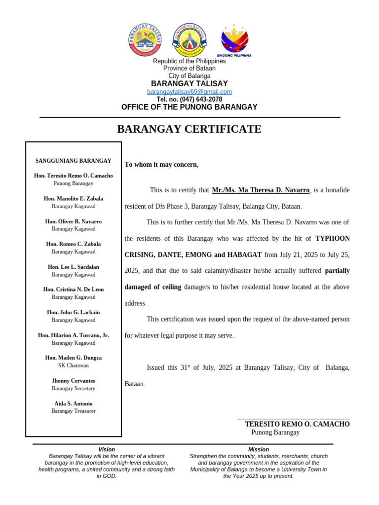 Barangay Certificate For Calamity | PDF | Vortices | Meteorology